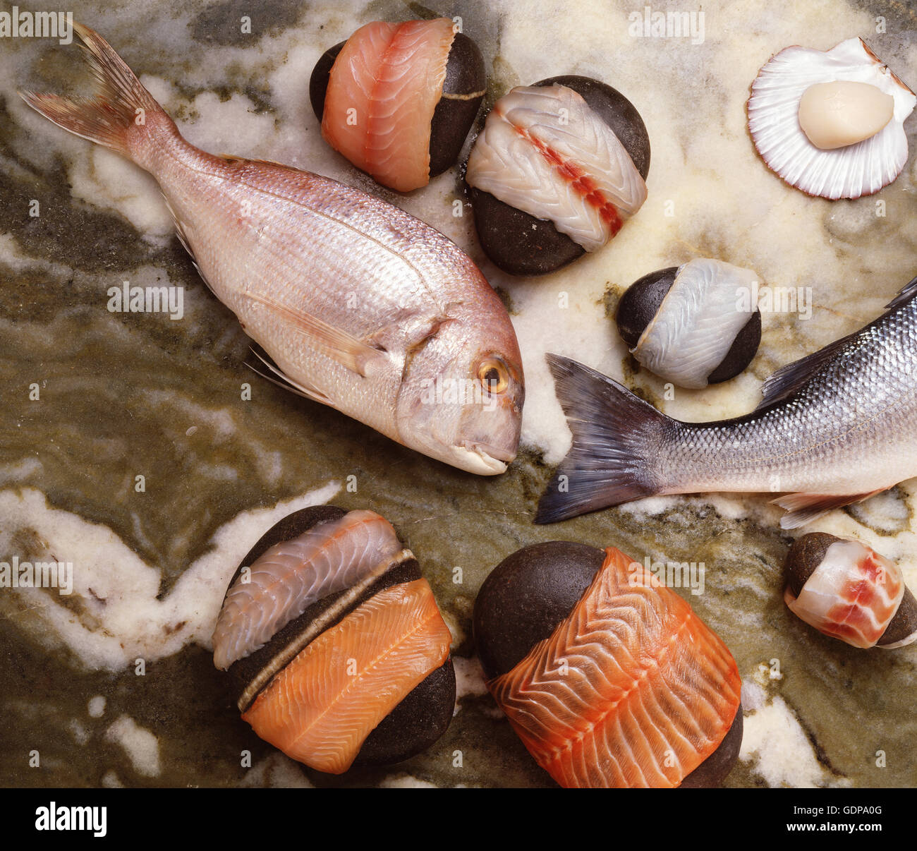 Overhead view of fish and scallops Stock Photo - Alamy