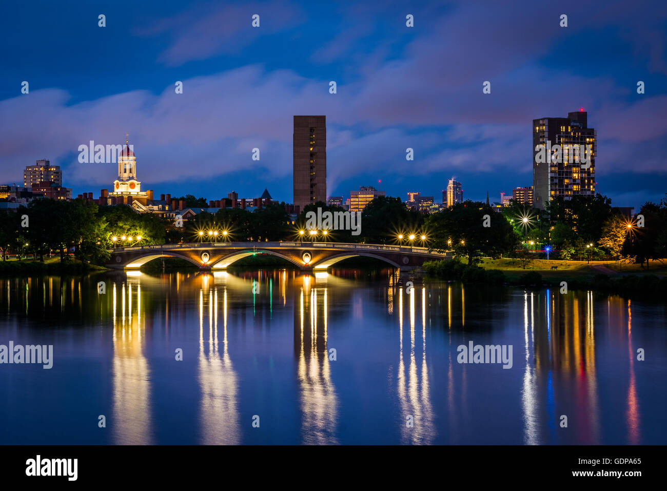 The John W Weeks Bridge and Charles River at night, in Cambridge ...