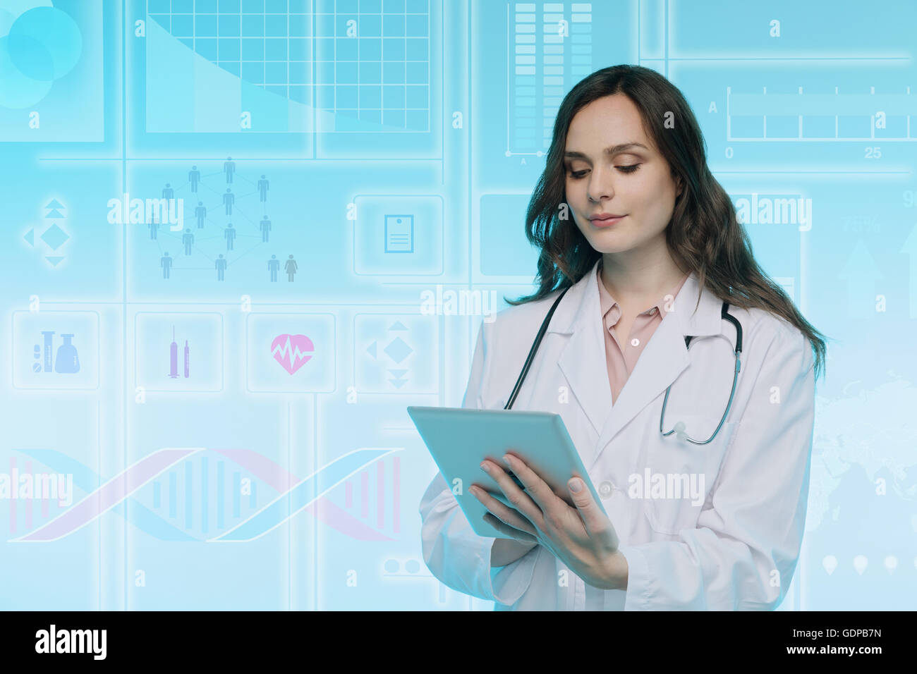 Female doctor using digital tablet, data on graphical screen behind her ...