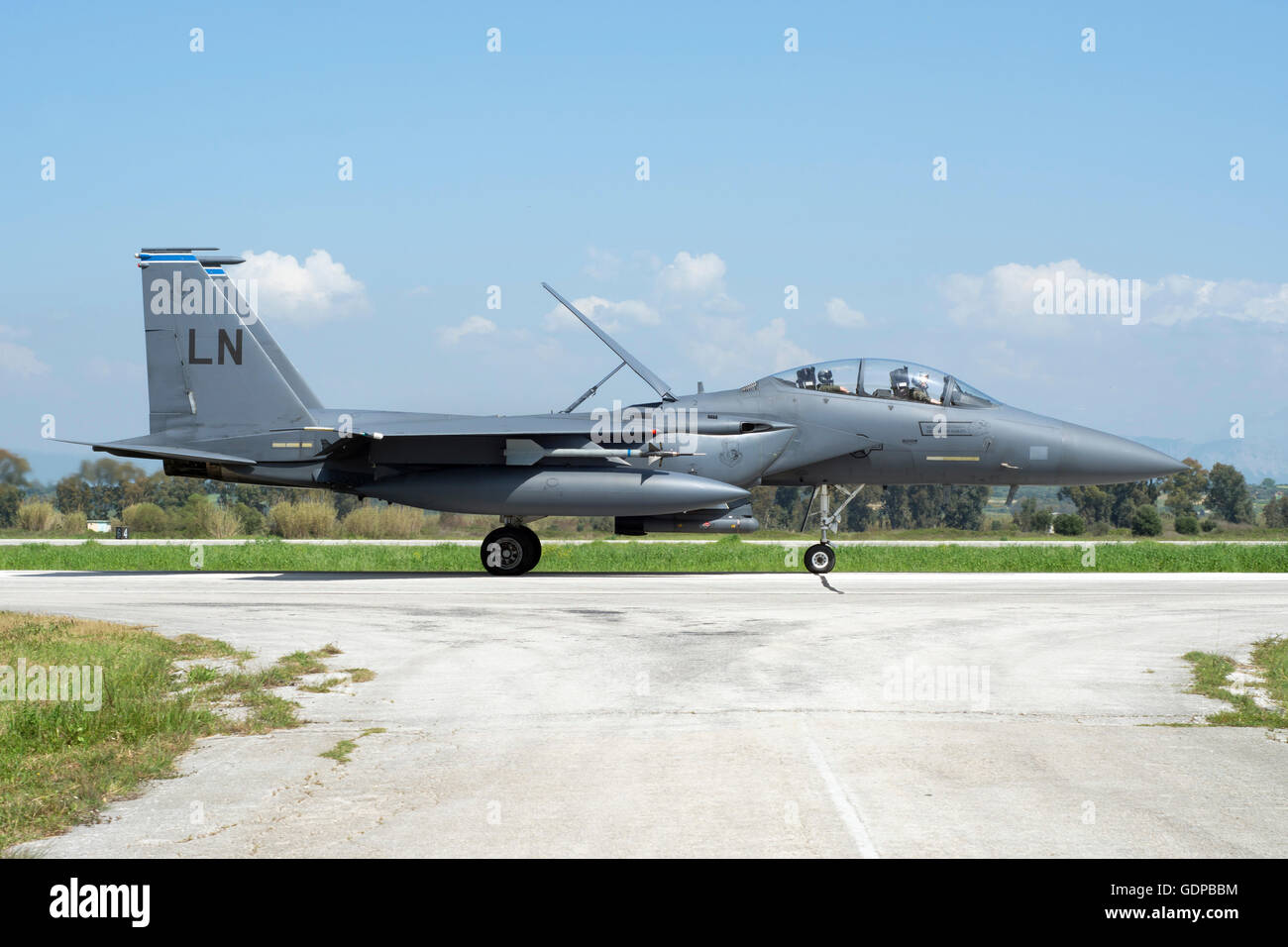 A U.S. Air Forces in Europe (USAFE) F-15E Strike Eagle on the flight ...
