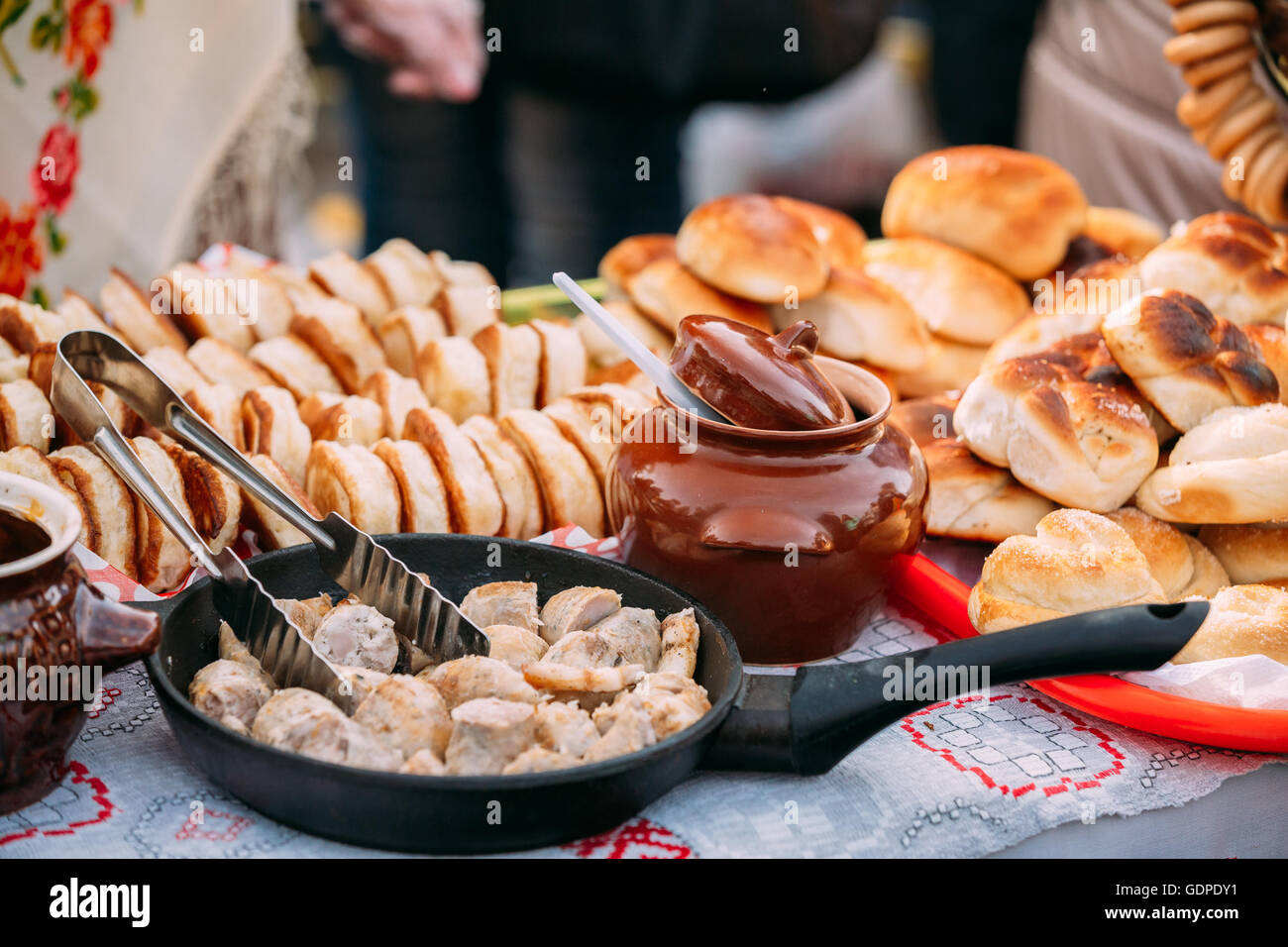 The dishes of the traditional Belarusian cuisine - fried bacon and meat ...