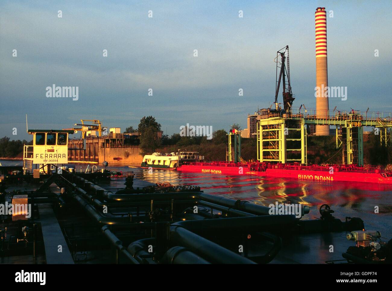 pusher boat with barge for goods transport in navigation on the Po ...