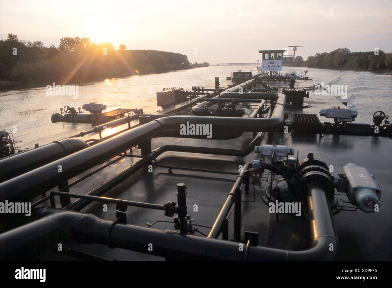 pusher boat with barge for goods transport in navigation on the Po ...