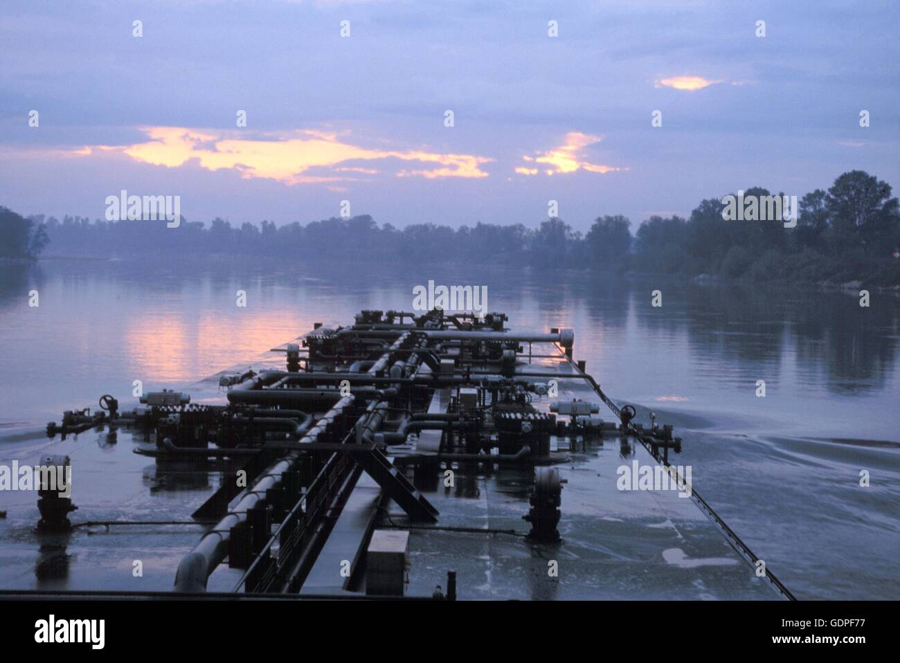 pusher boat with barge for goods transport in navigation on the Po ...