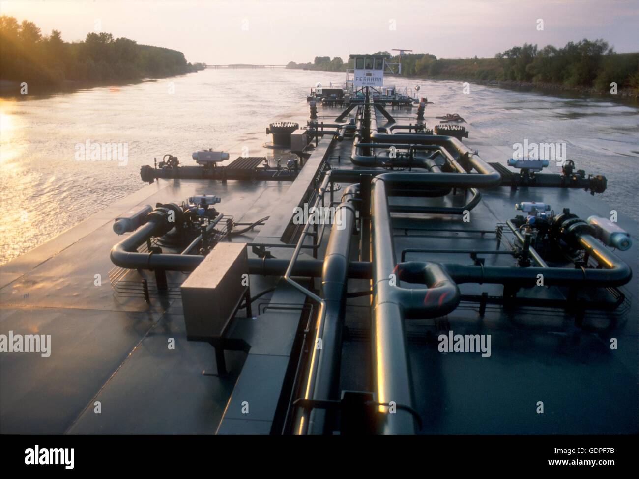 pusher boat with barge for goods transport in navigation on the Po ...