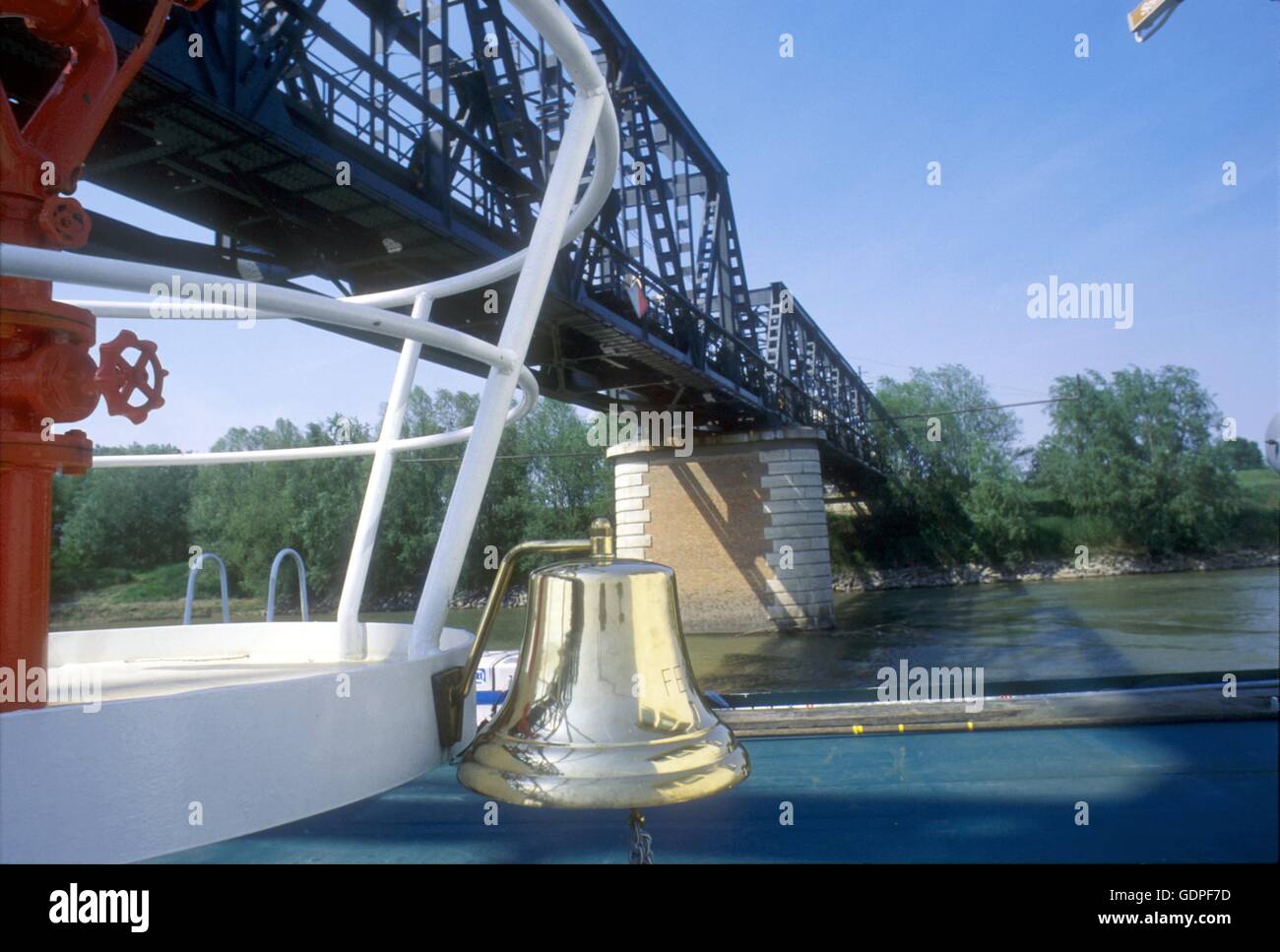 pusher boat with barge for goods transport in navigation on the Po ...