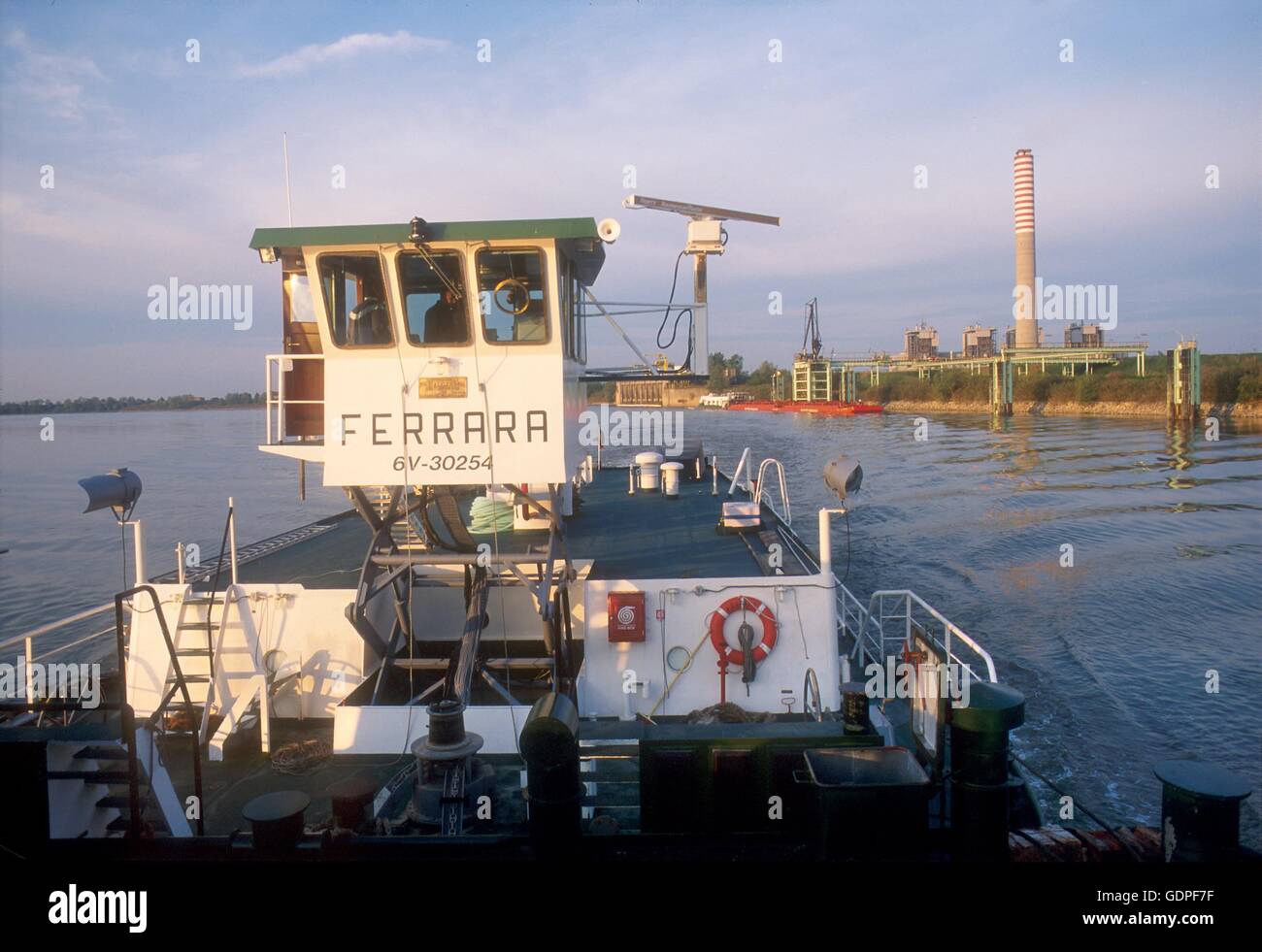pusher boat with barge for goods transport in navigation on the Po ...
