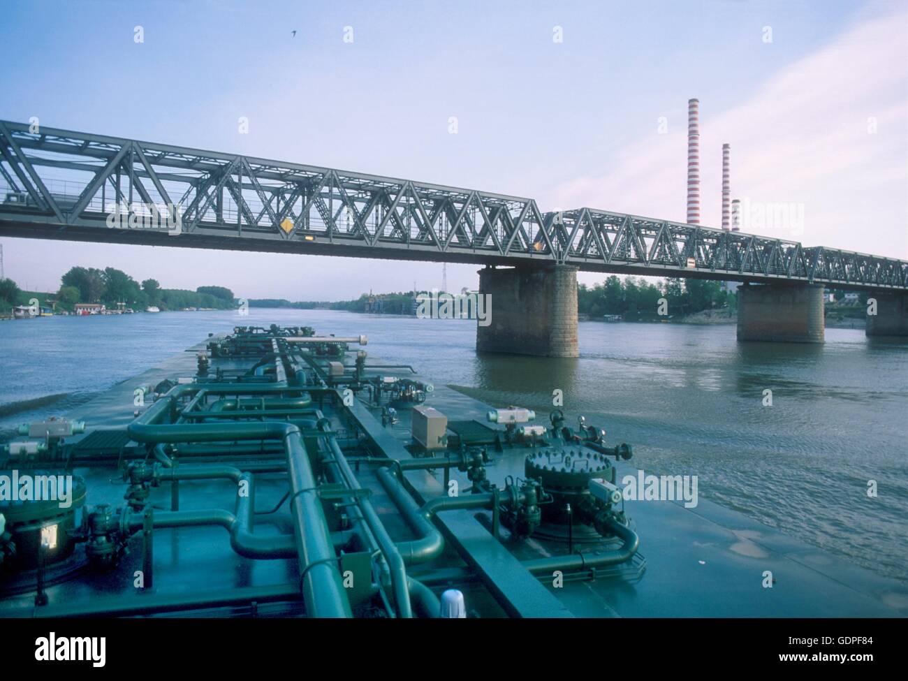 pusher boat with barge for goods transport in navigation on the Po ...