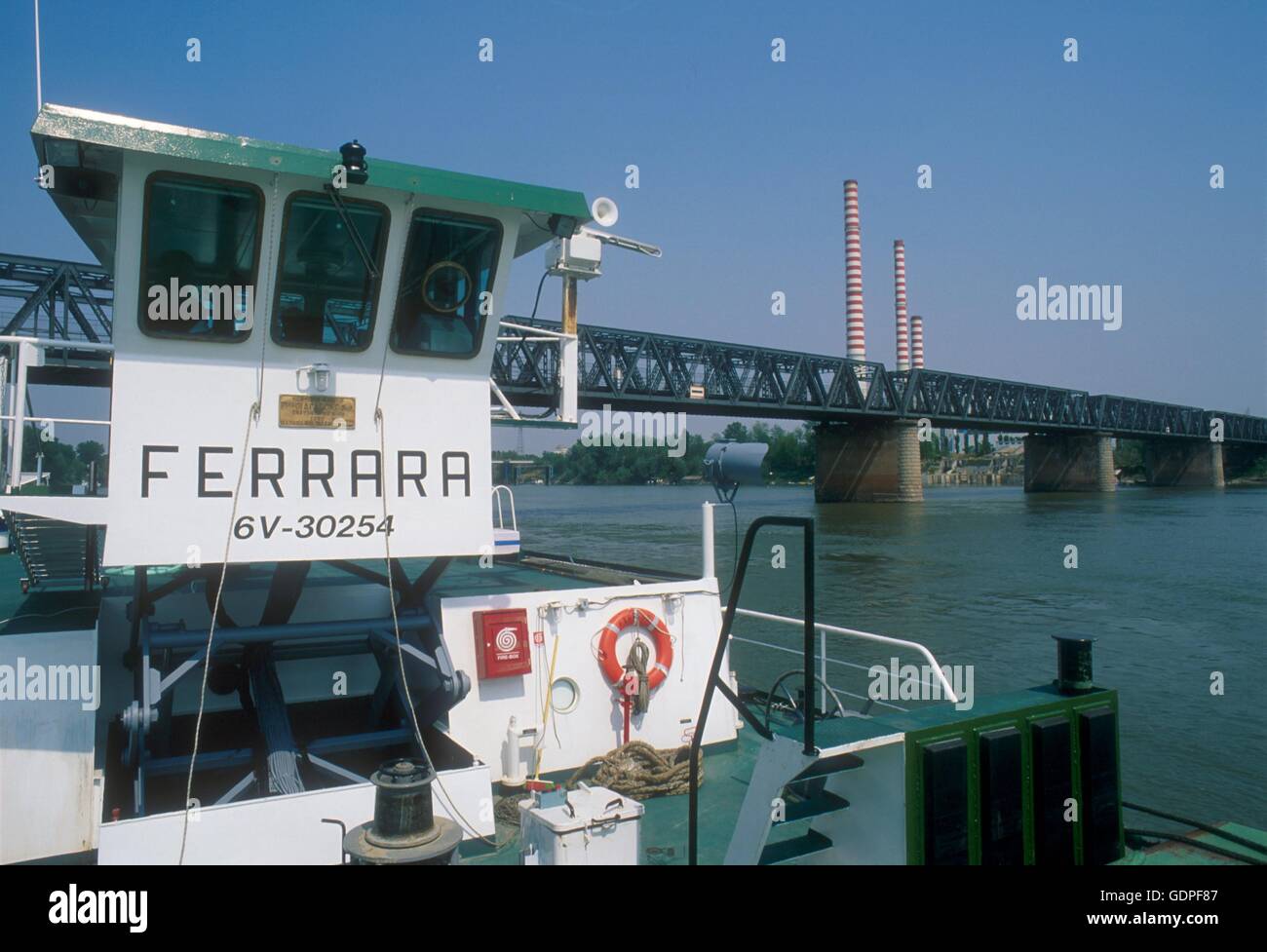 pusher boat with barge for goods transport in navigation on the Po ...