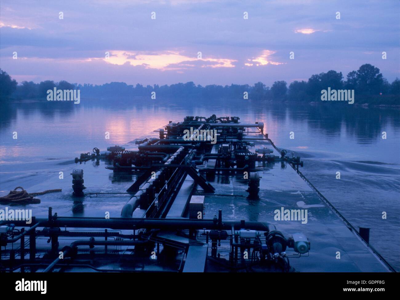 pusher boat with barge for goods transport in navigation on the Po ...
