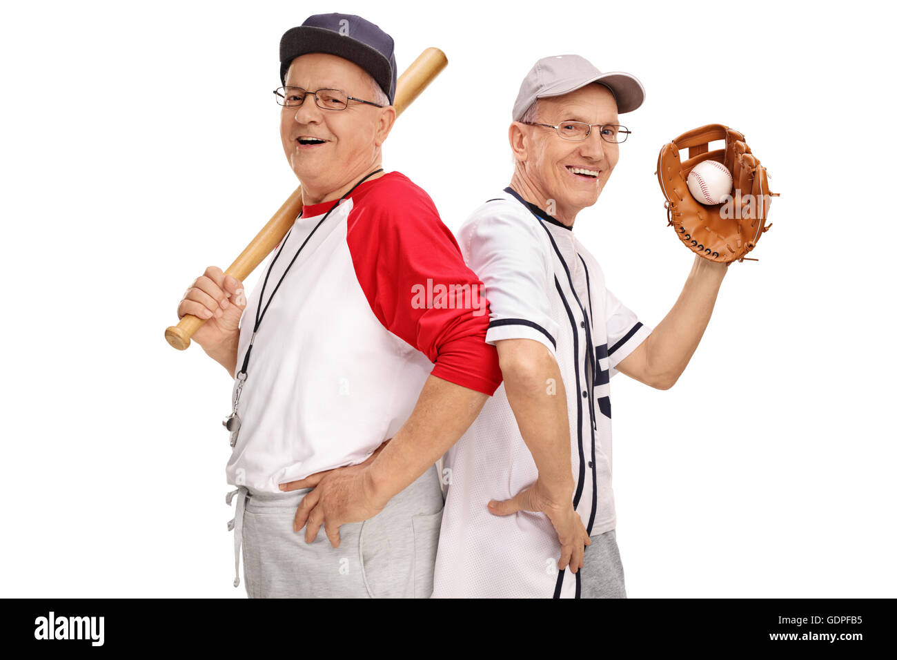Two retired senior baseball players posing together isolated on white ...