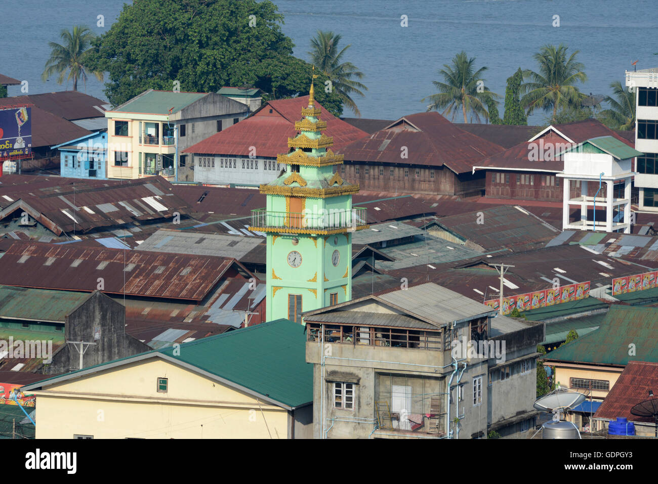 the City centre with the Clock Tower in the city of Myeik in the south ...
