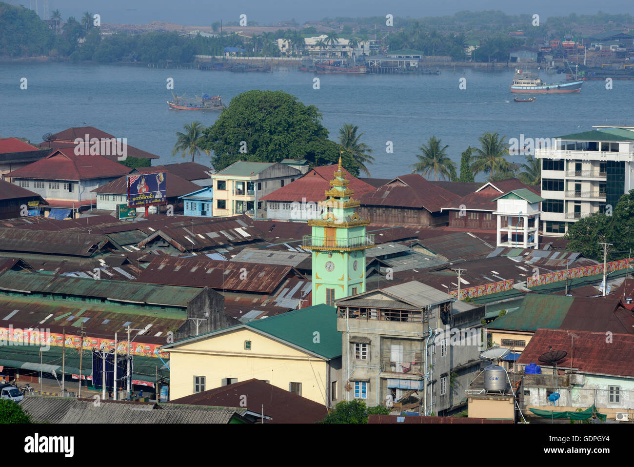 the City centre with the Clock Tower in the city of Myeik in the south ...