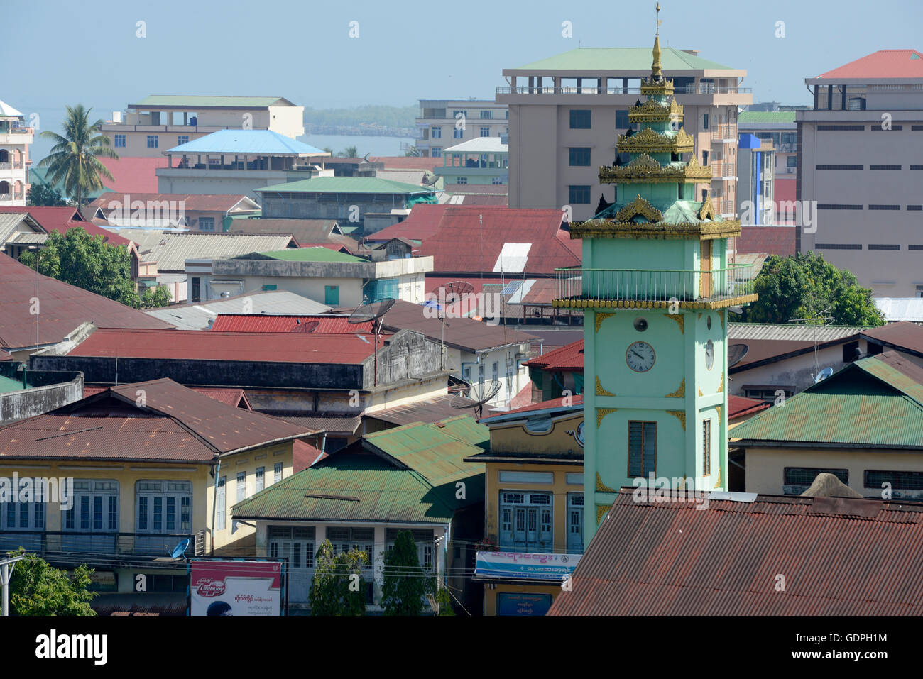 the City centre with the Clock Tower in the city of Myeik in the south ...
