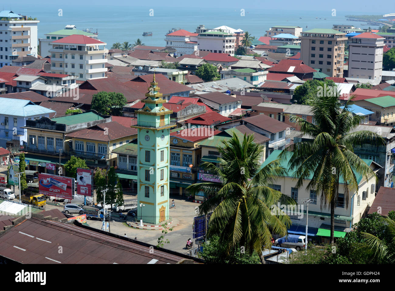 the City centre with the Clock Tower in the city of Myeik in the south ...