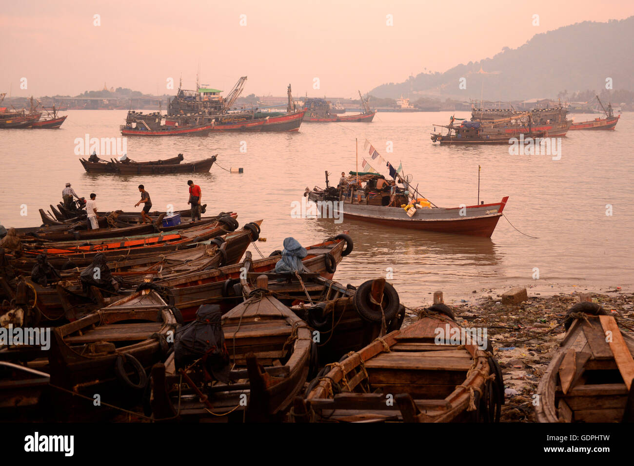 the harbour at the city of Myeik in the south in Myanmar in ...