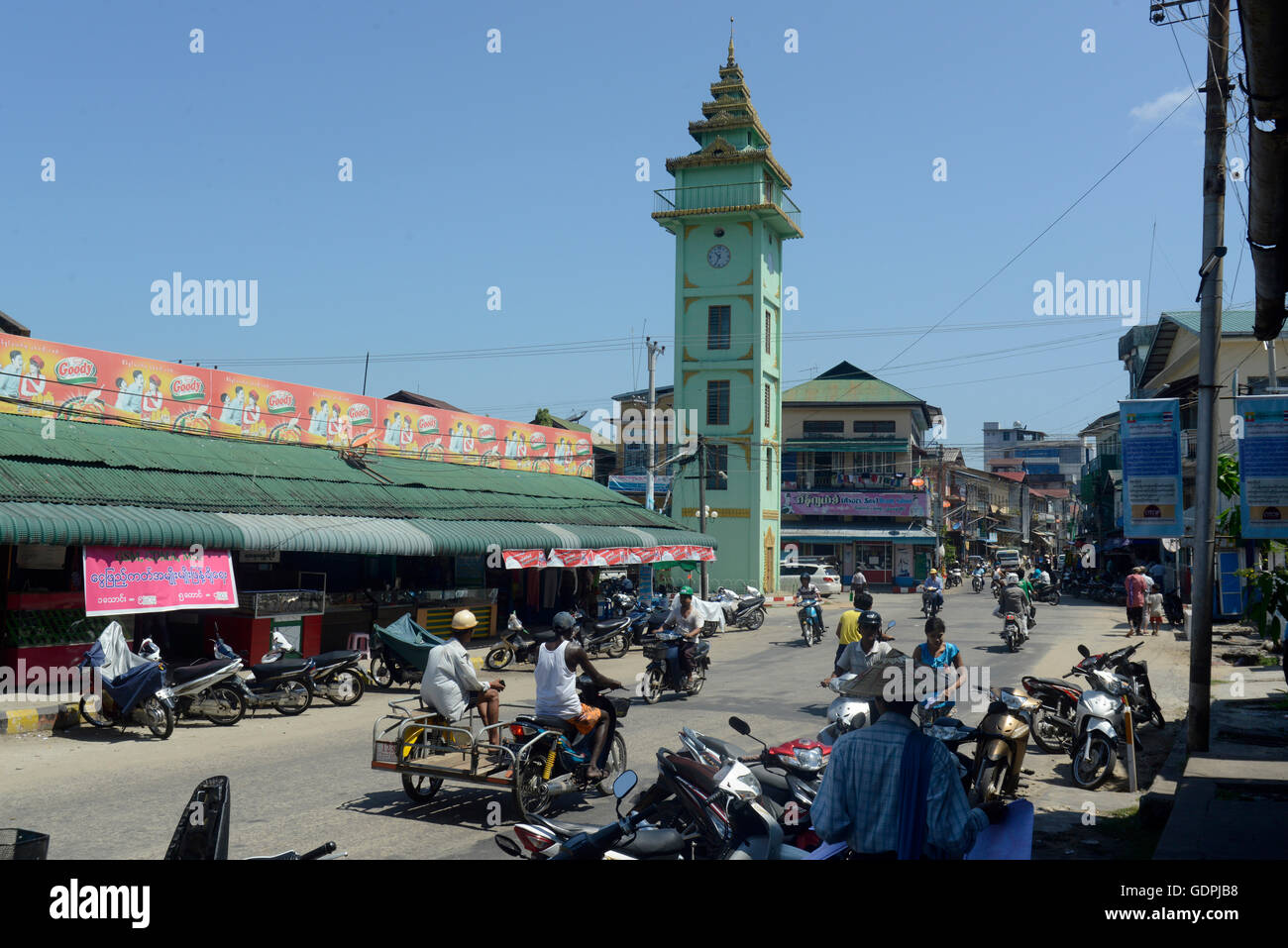 the City centre with the Clock Tower in the city of Myeik in the south ...