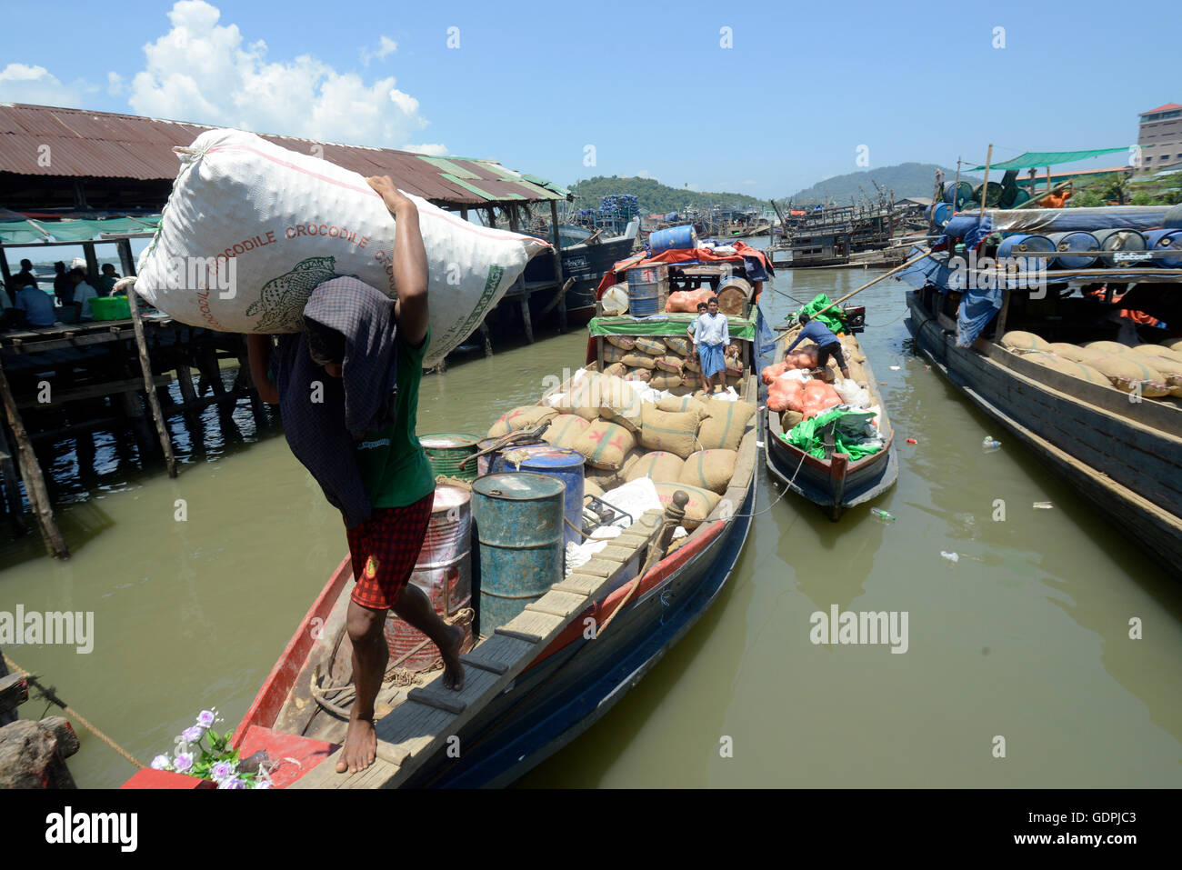 people at the Pier in the city of Myeik in the south in Myanmar in ...
