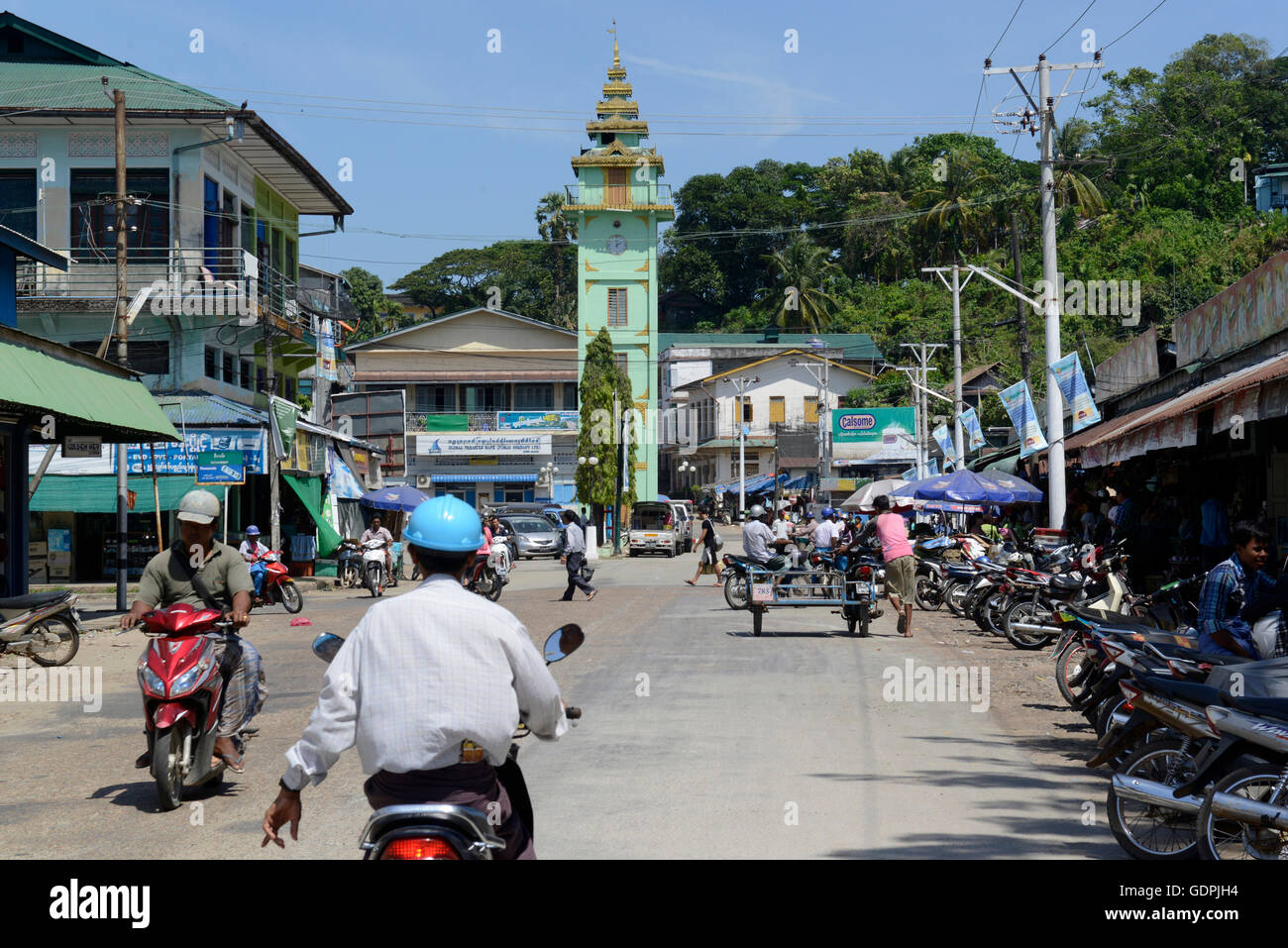 the City centre with the Clock Tower in the city of Myeik in the south ...
