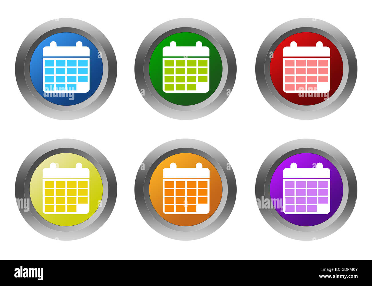 Set of rounded buttons with calendar symbol in blue, green, yellow ...