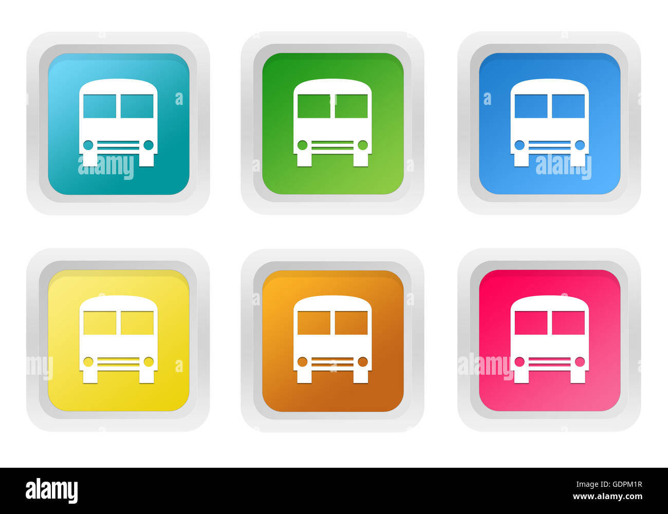 Set of squared colorful buttons with bus symbol in blue, green, yellow ...