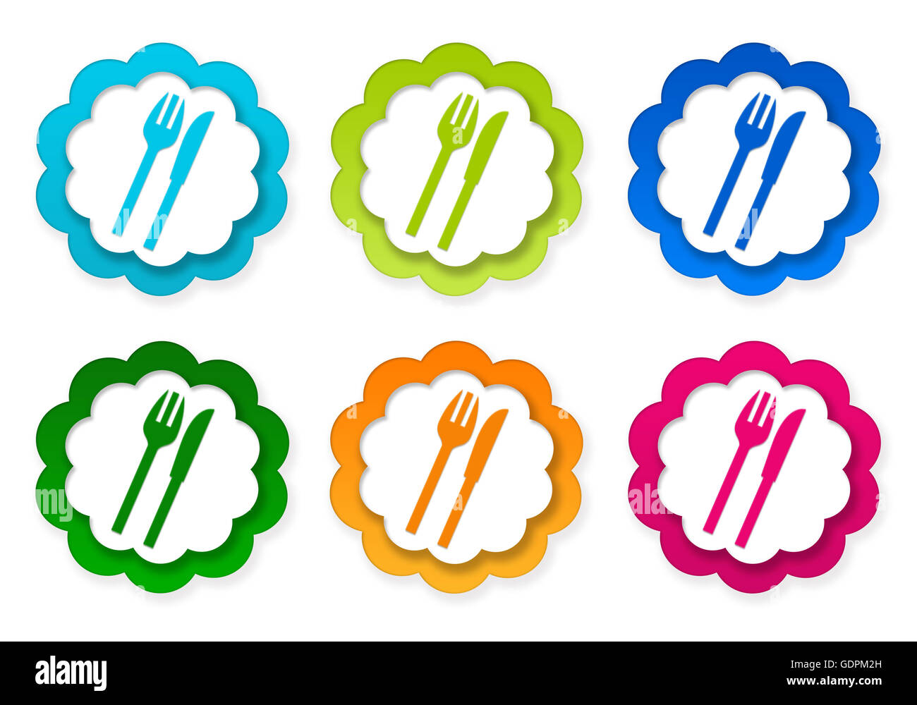 Set of colorful stickers icons with restaurant symbol in blue, green ...