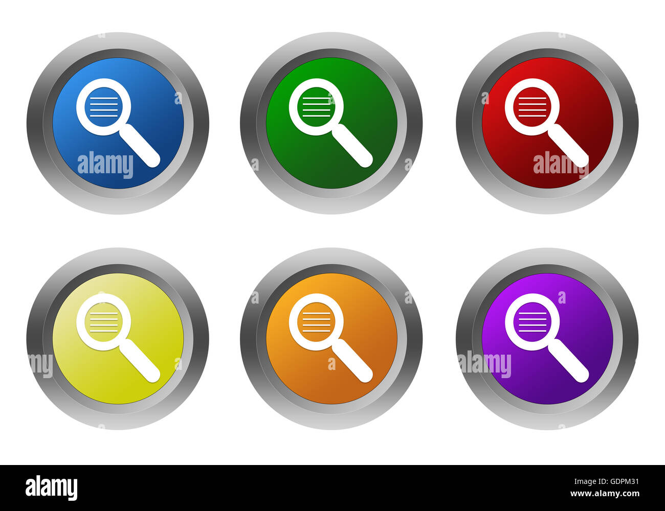 Set of colorful rounded buttons with search symbol in blue, green ...
