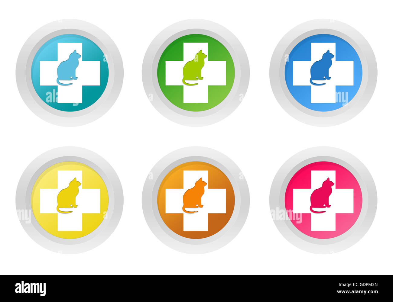 Set of rounded colorful buttons with veterinary and cat symbol in blue ...