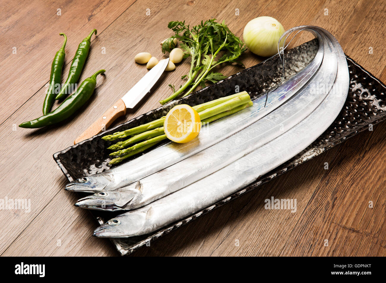 Fresh Uncooked Hairtail Fish/ Cutlassfish with Asparagus, Herbs, Onion ...