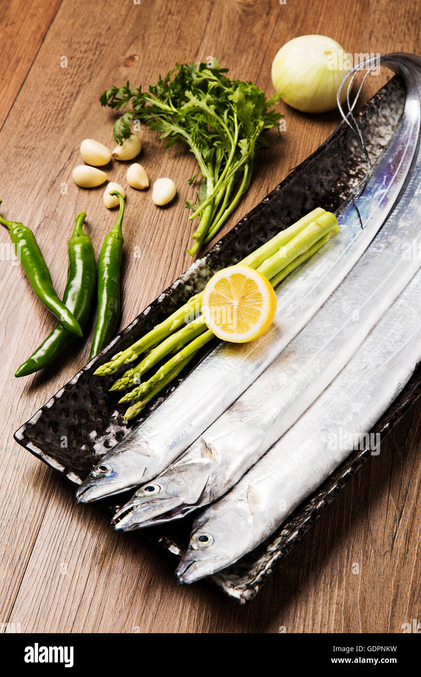 Fresh Uncooked Hairtail Fish/ Cutlassfish with Asparagus, Herbs, Onion ...