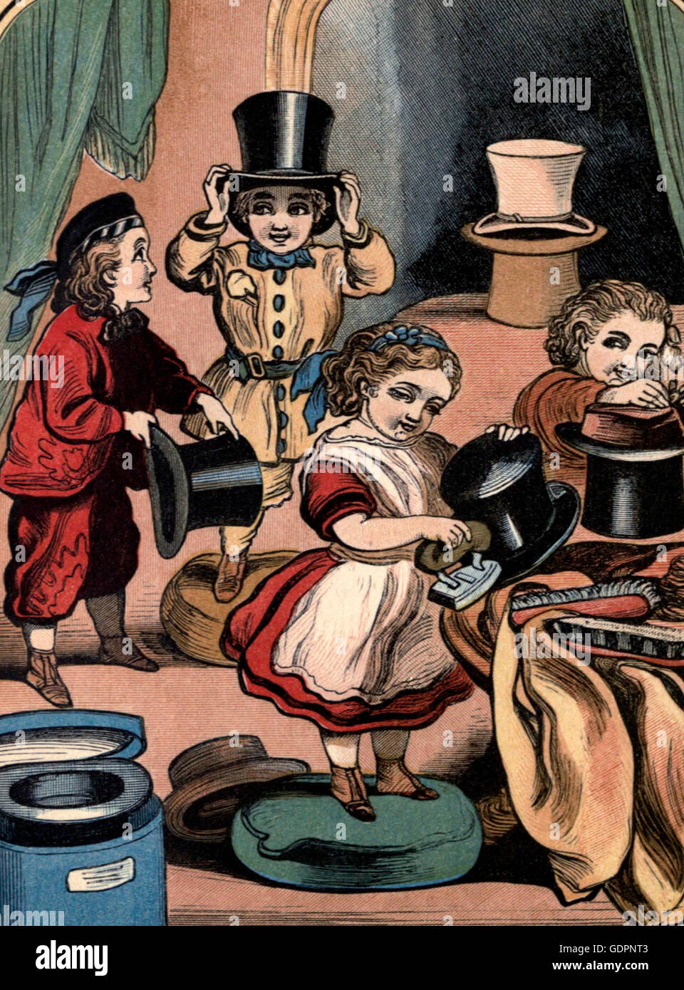 The Little Hatters - Victorian Era Children play at hat making Stock ...