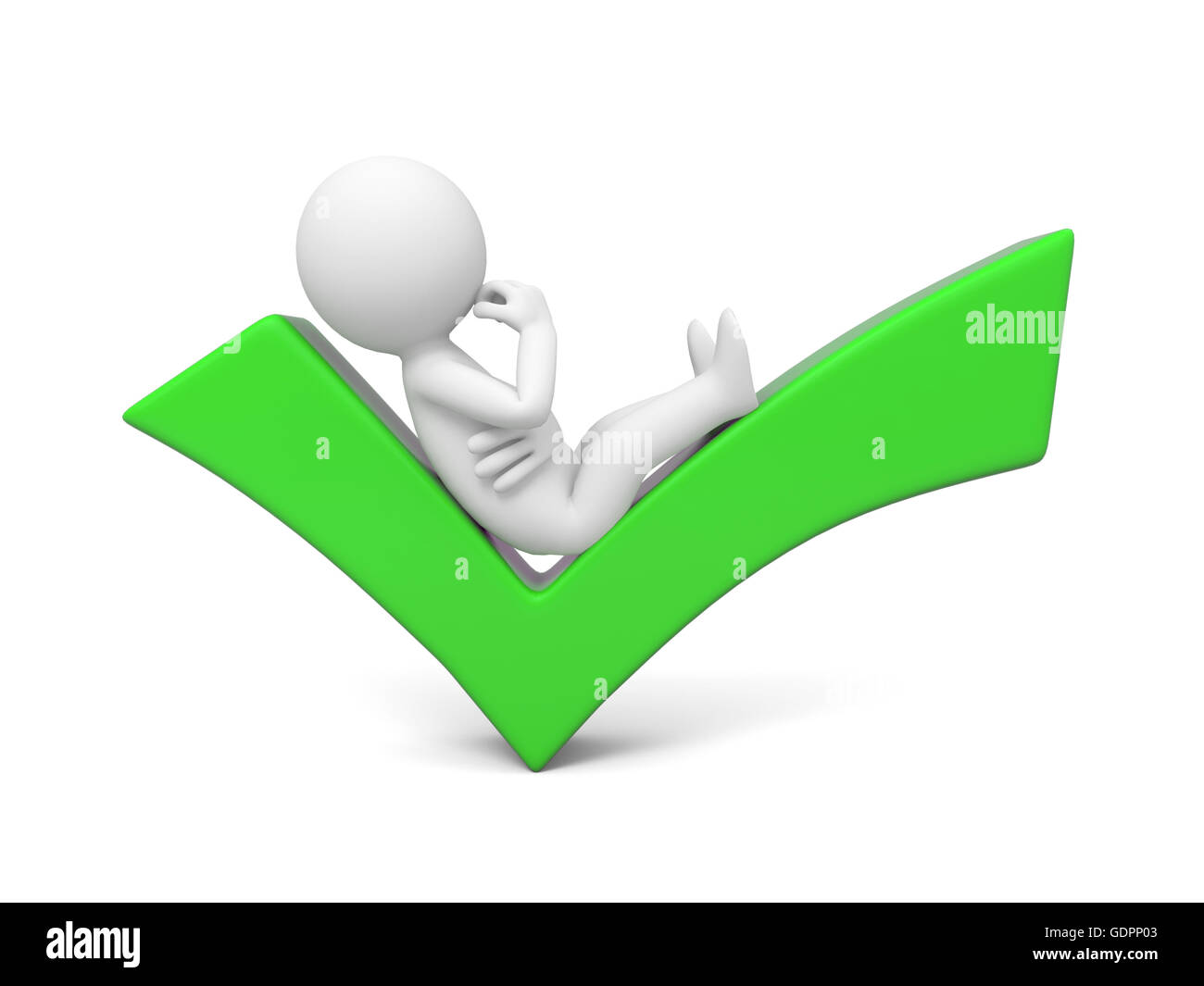 A 3d white character, a green right symbol Stock Photo - Alamy