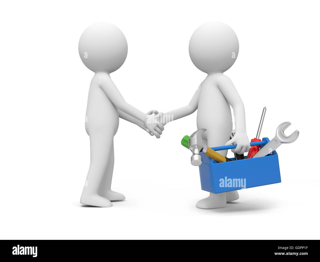 A 3d man with toolbox shaking hands with another one Stock Photo - Alamy