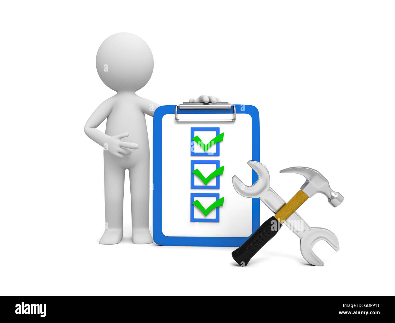 A 3d man pointing at the checklist, a hammer and a wrench aside Stock ...