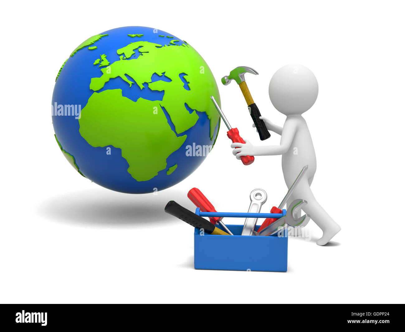 A 3d man repairing the globe with hammer and screwdriver Stock Photo ...