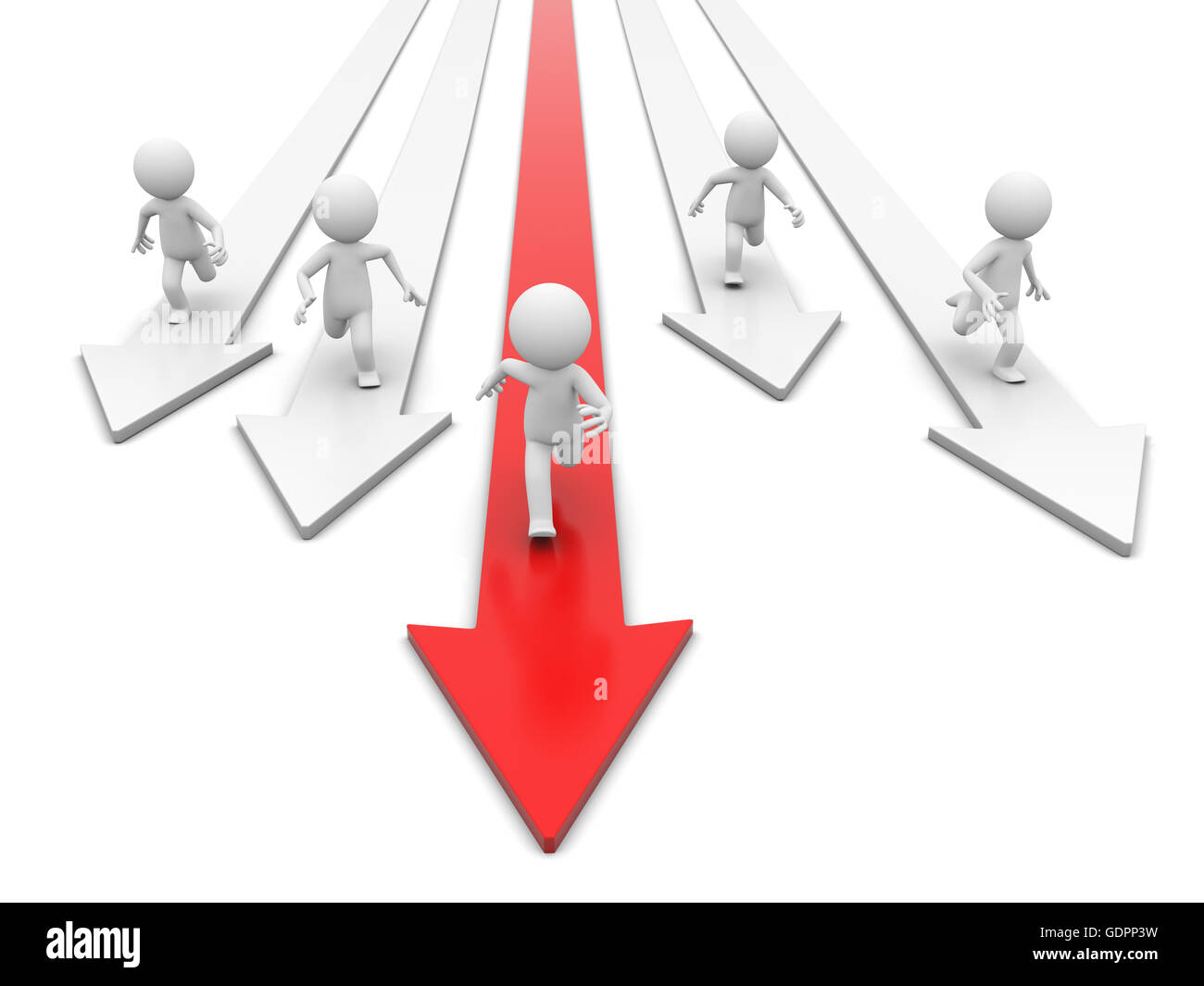 3d men on different arrow running toward same goal Stock Photo - Alamy