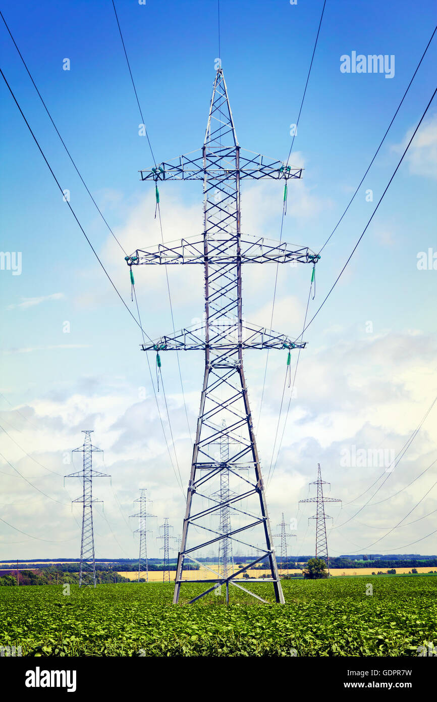several transmission lines in the middle of a field Stock Photo - Alamy