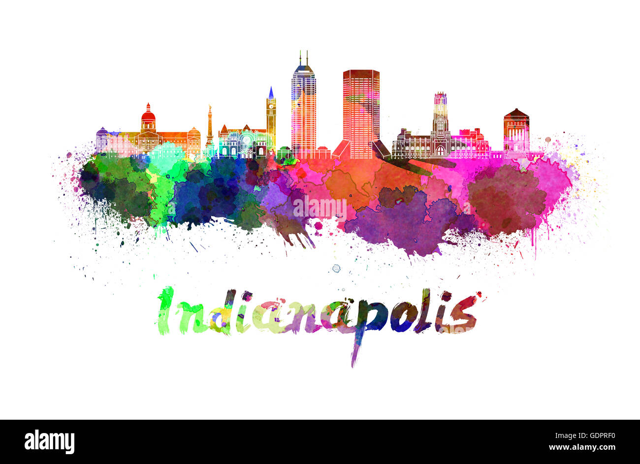 Indianapolis skyline in watercolor splatters with clipping path Stock ...