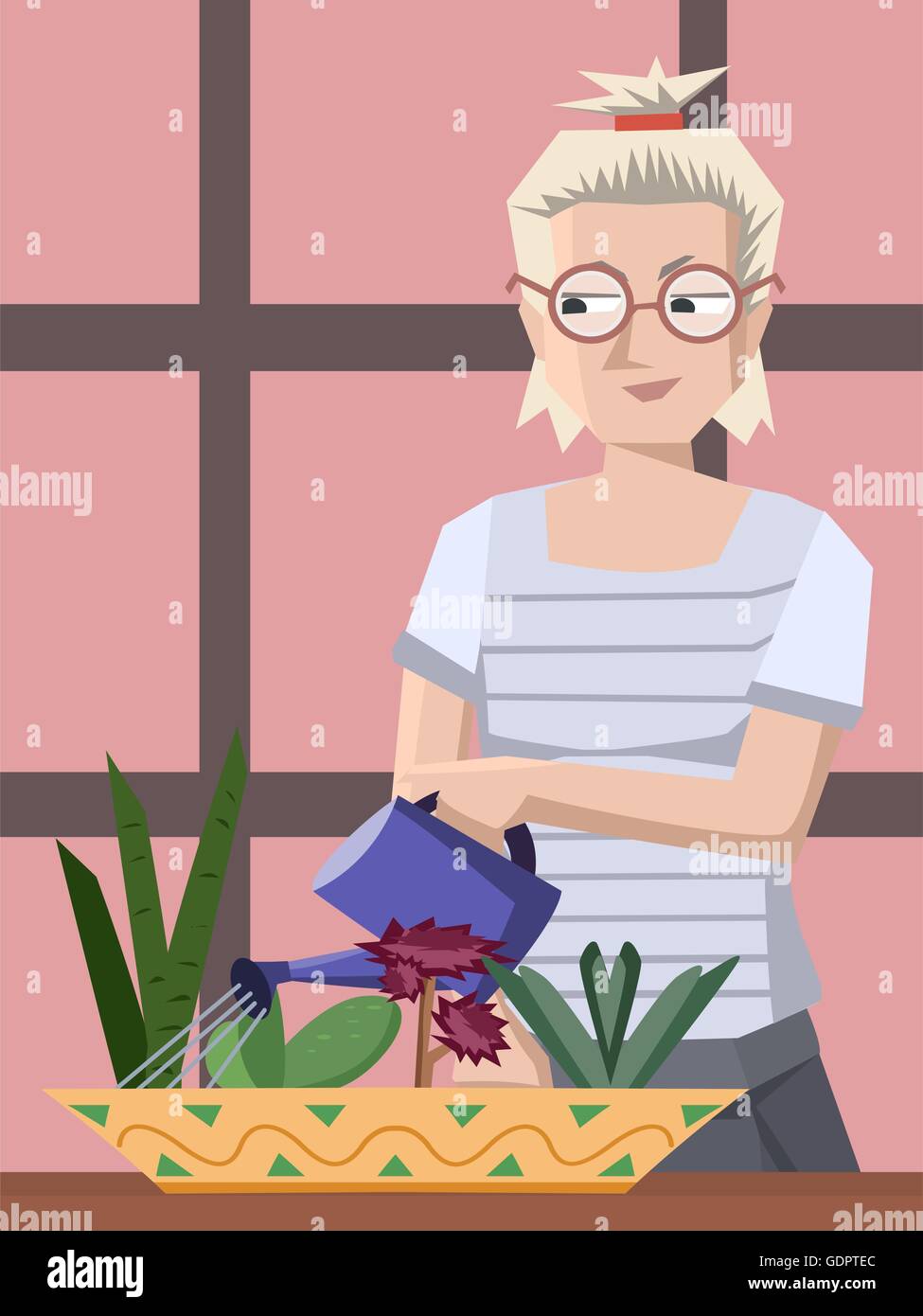 woman caring for houseplants - colorful vector cartoon illustration ...
