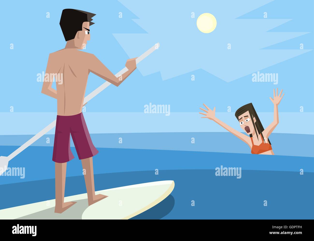 Lifeguard rescues drowning woman - colorful vector cartoon illustration ...