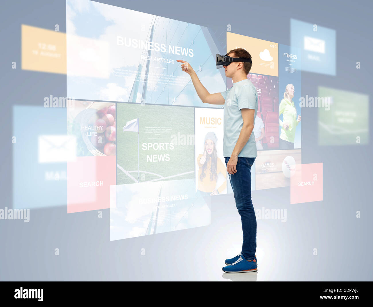 happy man in virtual reality headset or 3d glasses Stock Photo - Alamy