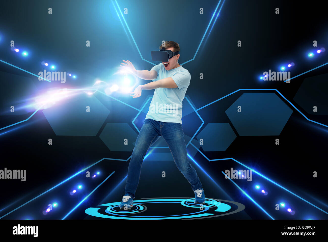 happy man in virtual reality headset or 3d glasses Stock Photo - Alamy