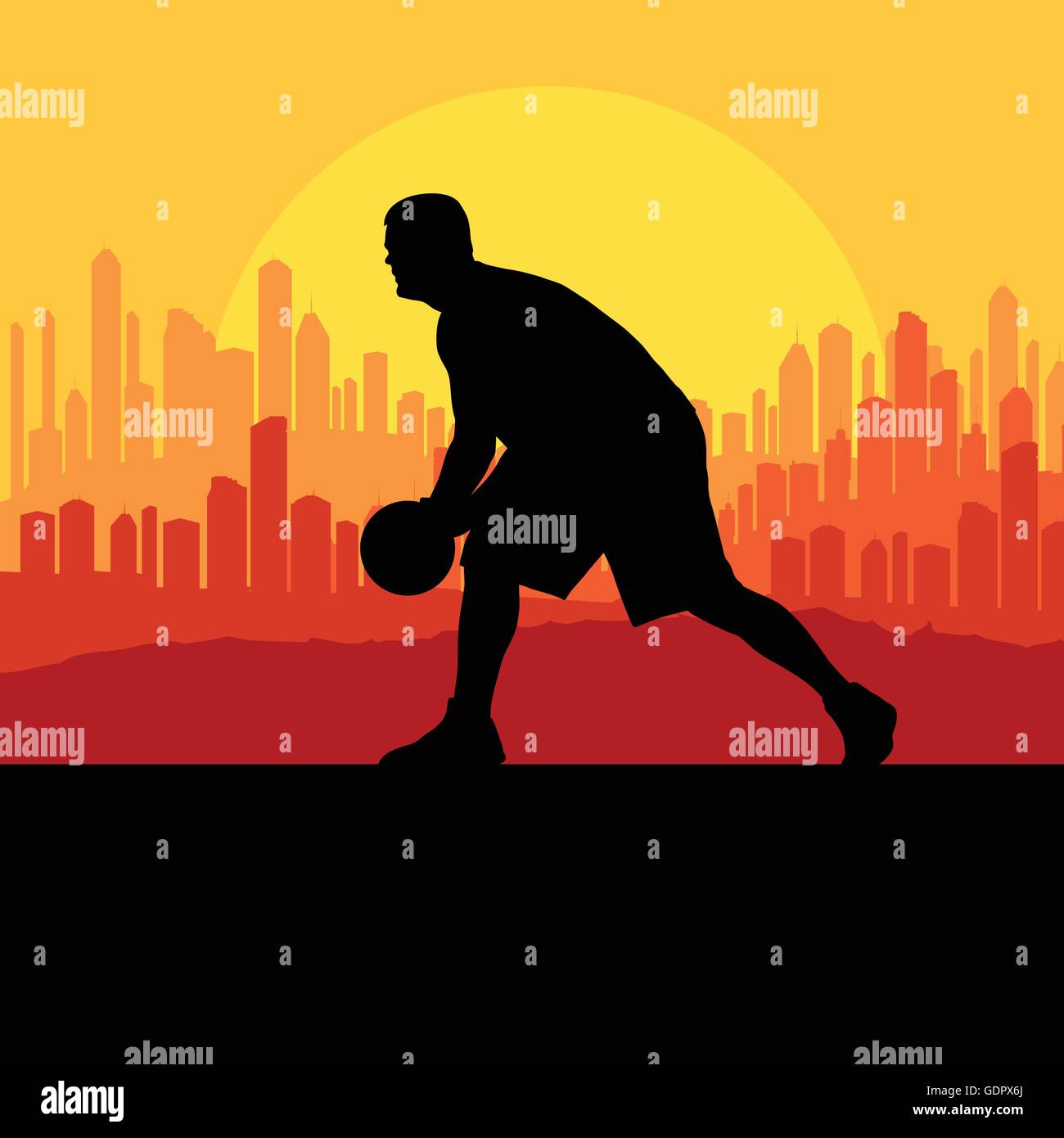 Basketball player in front of city sunset vector background for poster ...