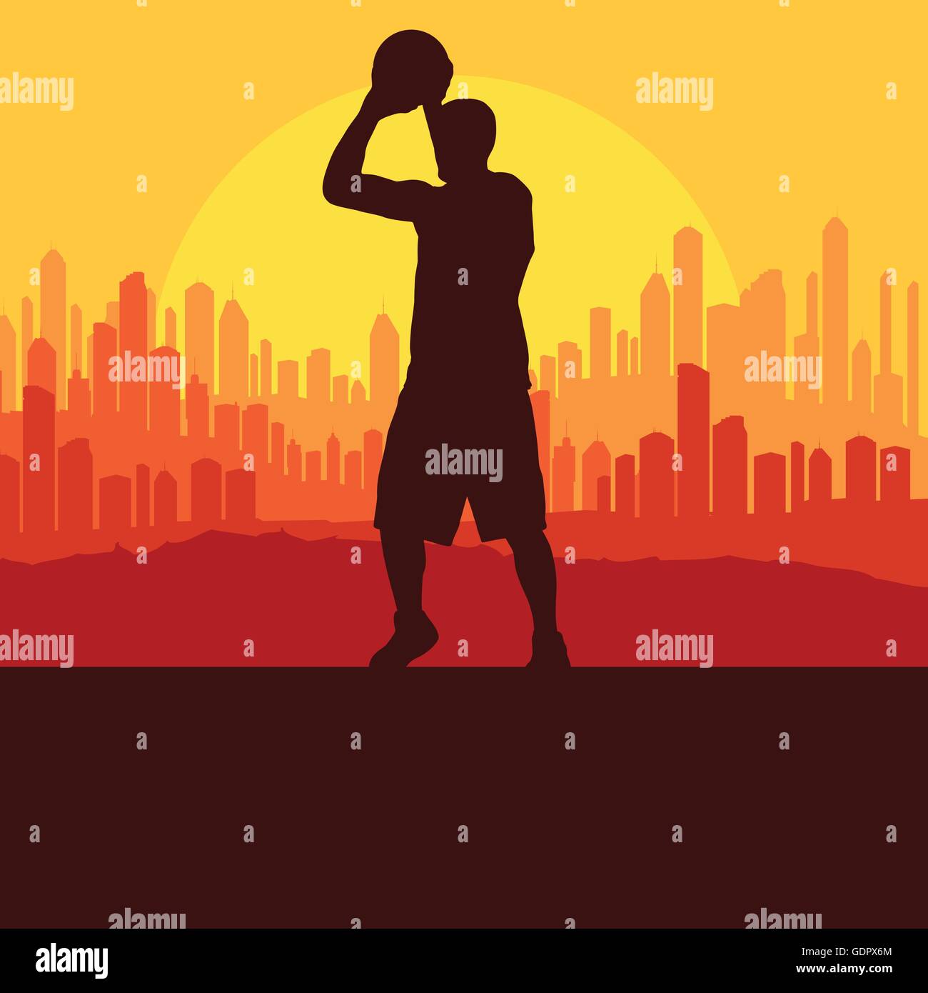 Basketball player in front of city sunset vector background for poster ...