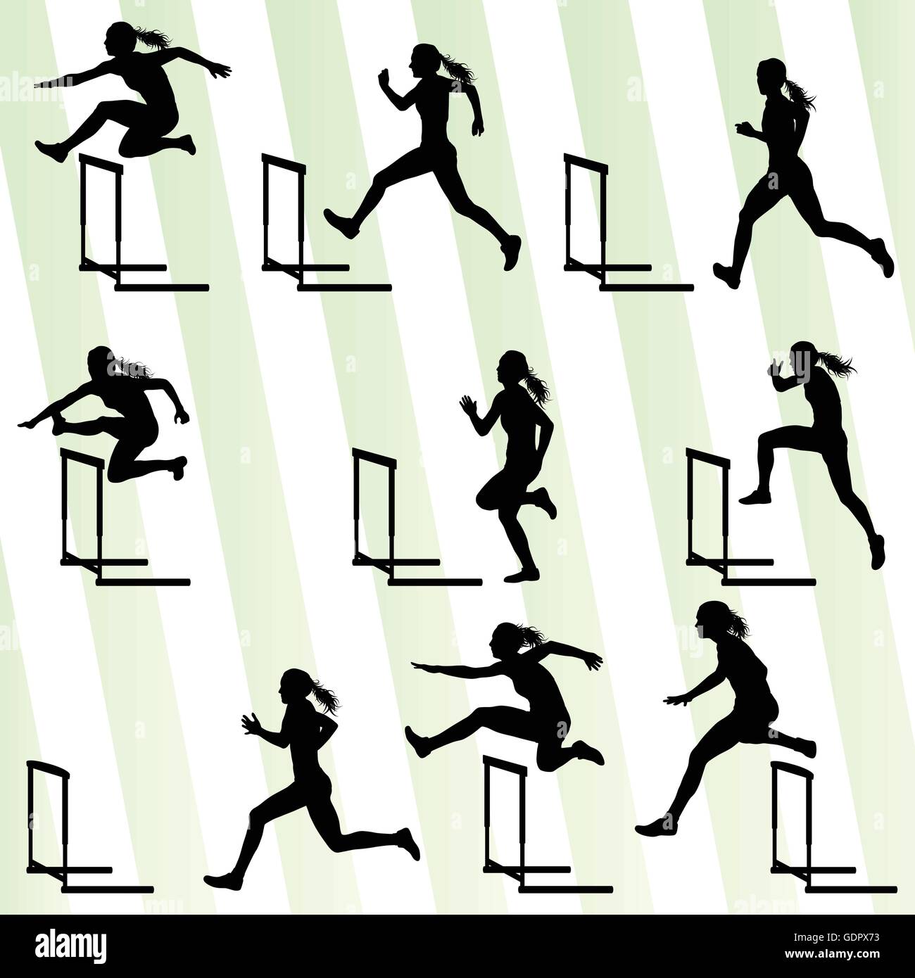 Athlete woman hurdling in track and field vector background set concept ...
