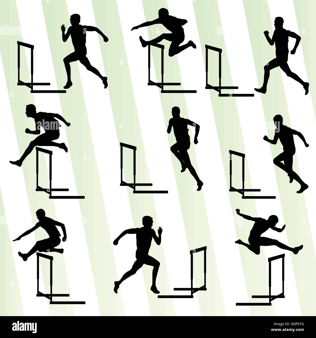 Athlete man hurdling in track and field vector background set concept ...