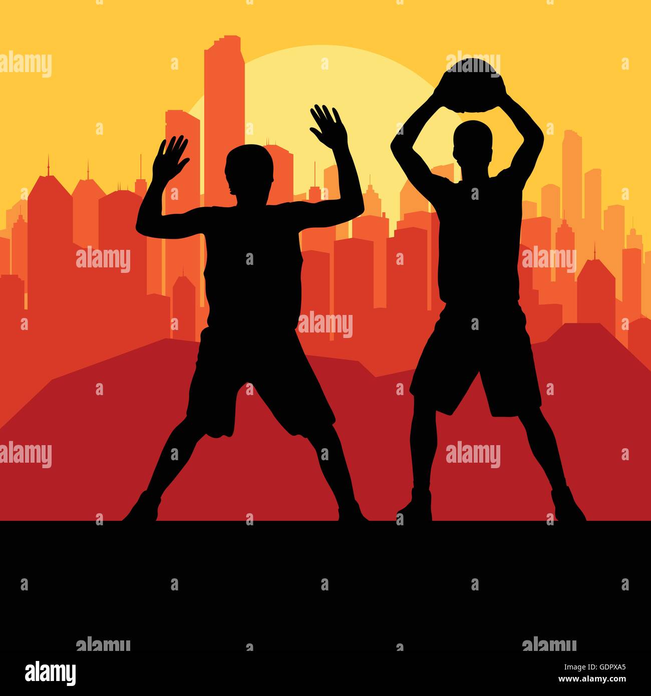 Basketball players in front of city sunset vector background for poster ...