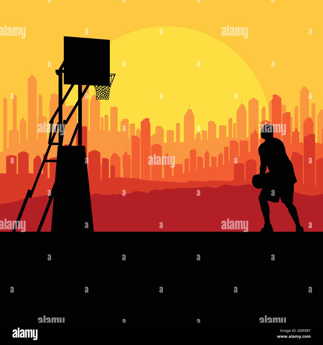 Basketball player in front of city sunset vector background concept for ...