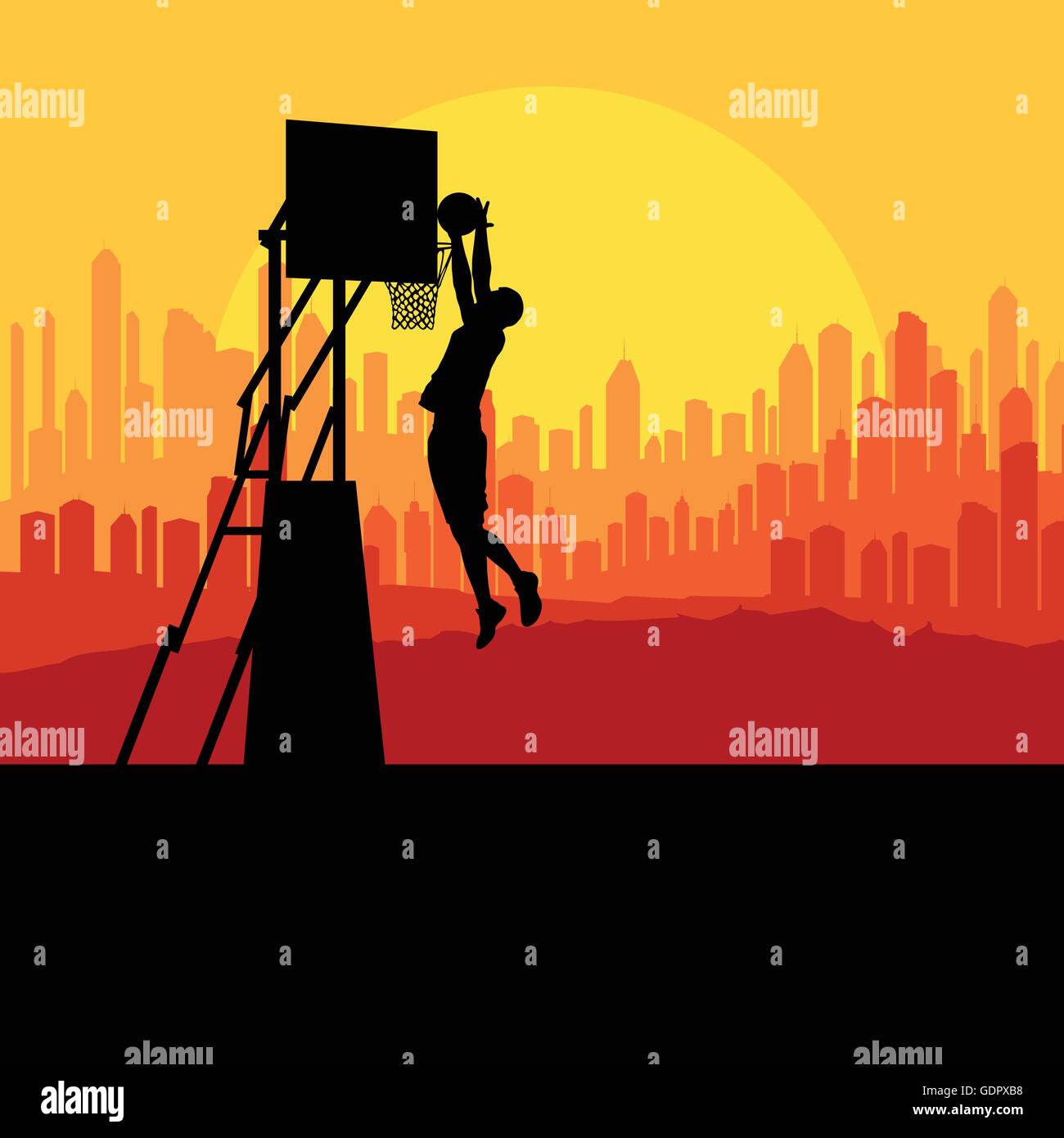 Basketball player in front of city sunset vector background concept for ...