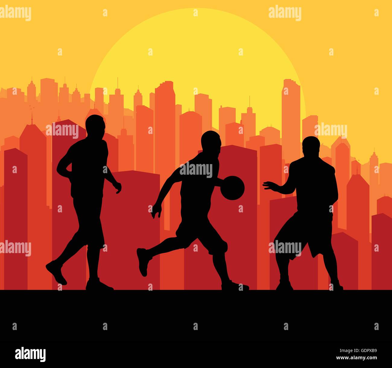 Basketball players in front of city sunset vector background concept ...